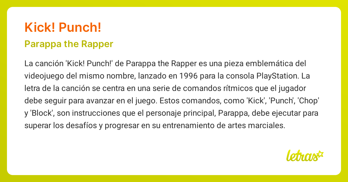 Significado de la canción KICK! PUNCH! (Parappa the Rapper) - LETRAS.COM