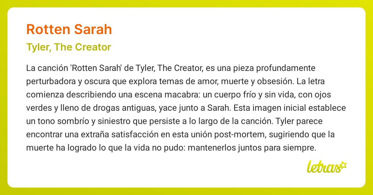 Significado de la canción ROTTEN SARAH (Tyler, The Creator) - LETRAS.COM