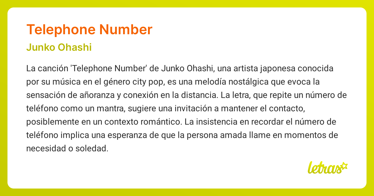 Significado de la canción TELEPHONE NUMBER (Junko Ohashi) - LETRAS.COM