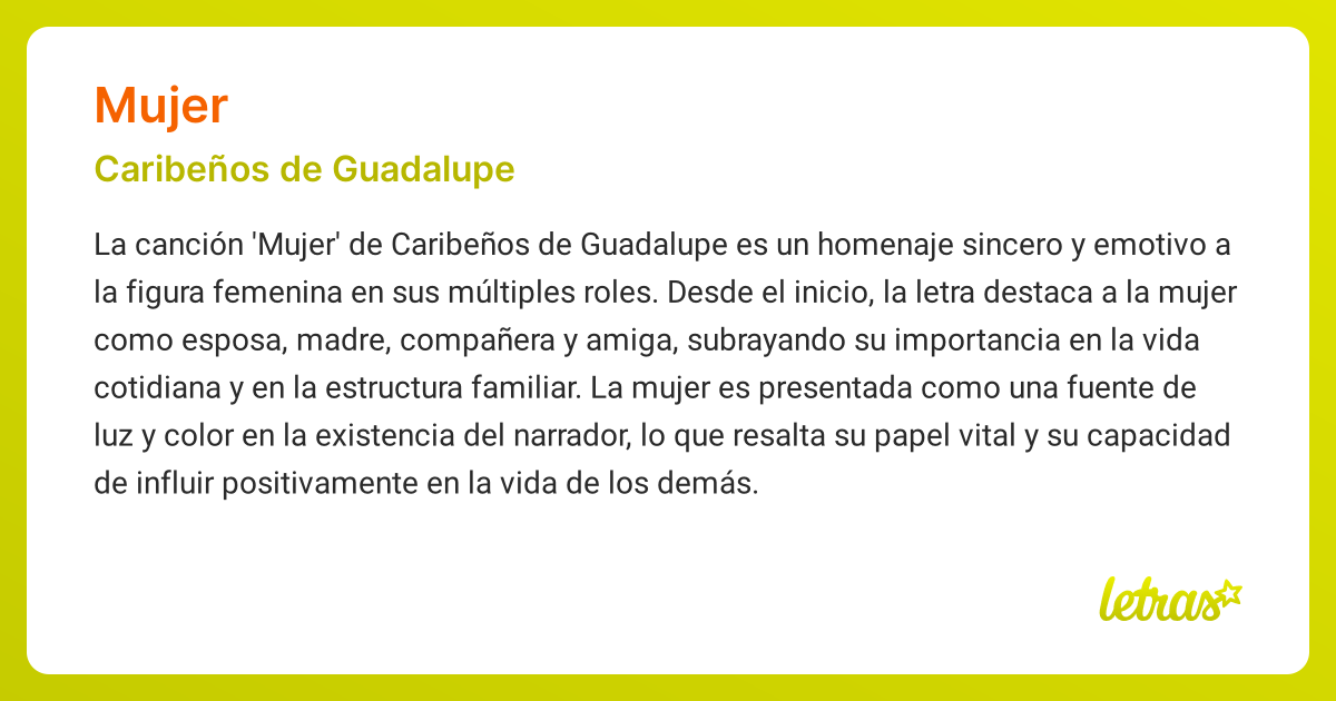 Significado de la canción MUJER (Caribeños de Guadalupe) - LETRAS.COM