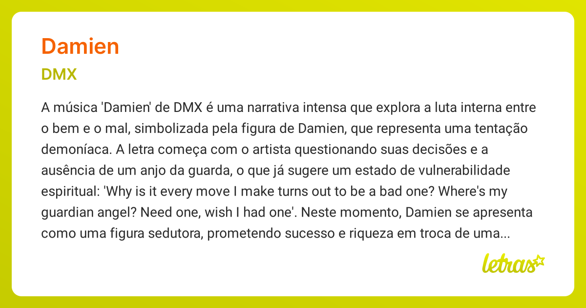 Significado da música DAMIEN (DMX) - LETRAS.MUS.BR