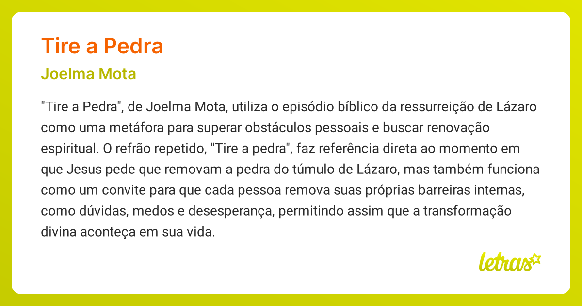 Significado da música TIRE A PEDRA (Joelma Mota) - LETRAS.MUS.BR