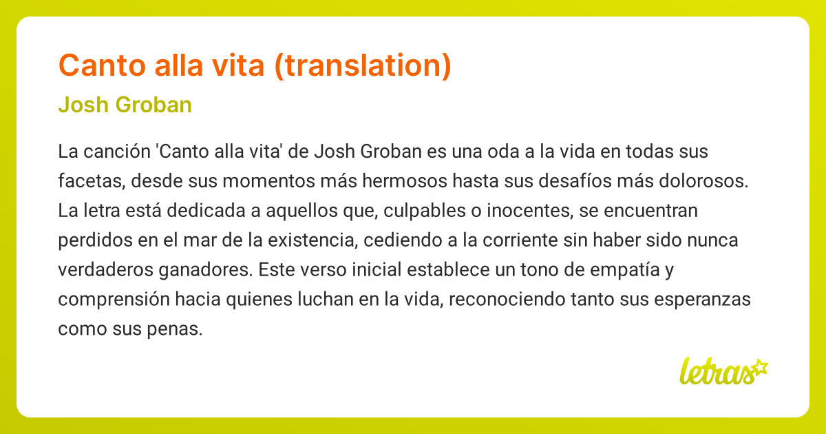 Significado de la canción CANTO ALLA VITA (TRANSLATION) (Josh Groban ...