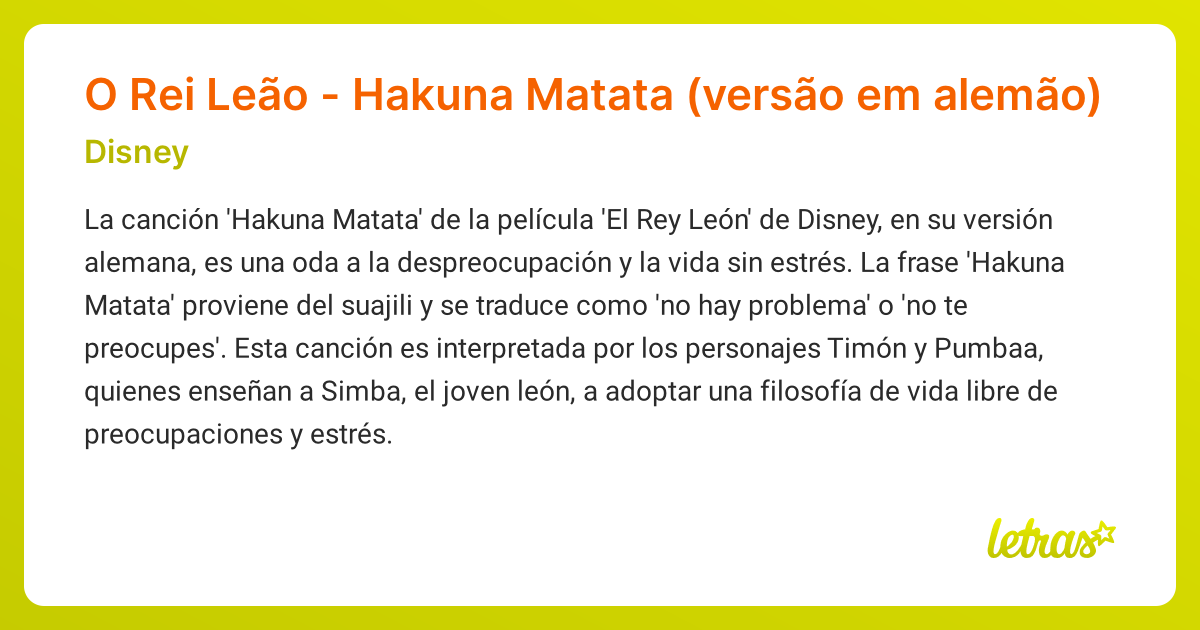 Significado de la canción O Rei Leão - Hakuna Matata (versão em alemão ...