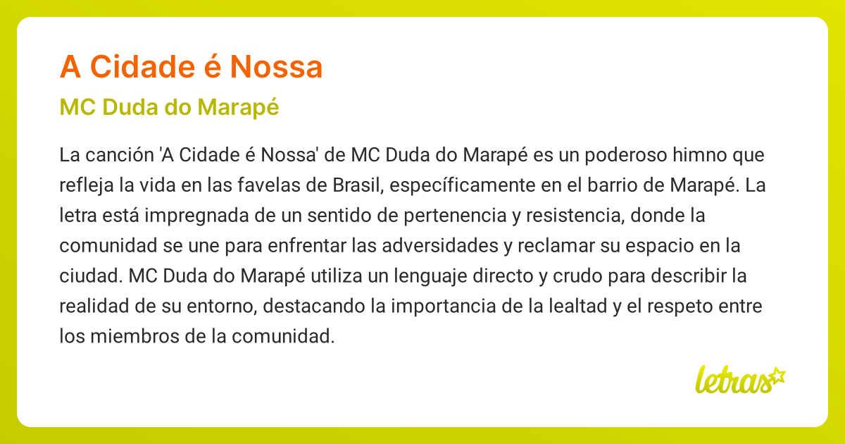 Significado de la canción A CIDADE É NOSSA (MC Duda do Marapé) - LETRAS.COM