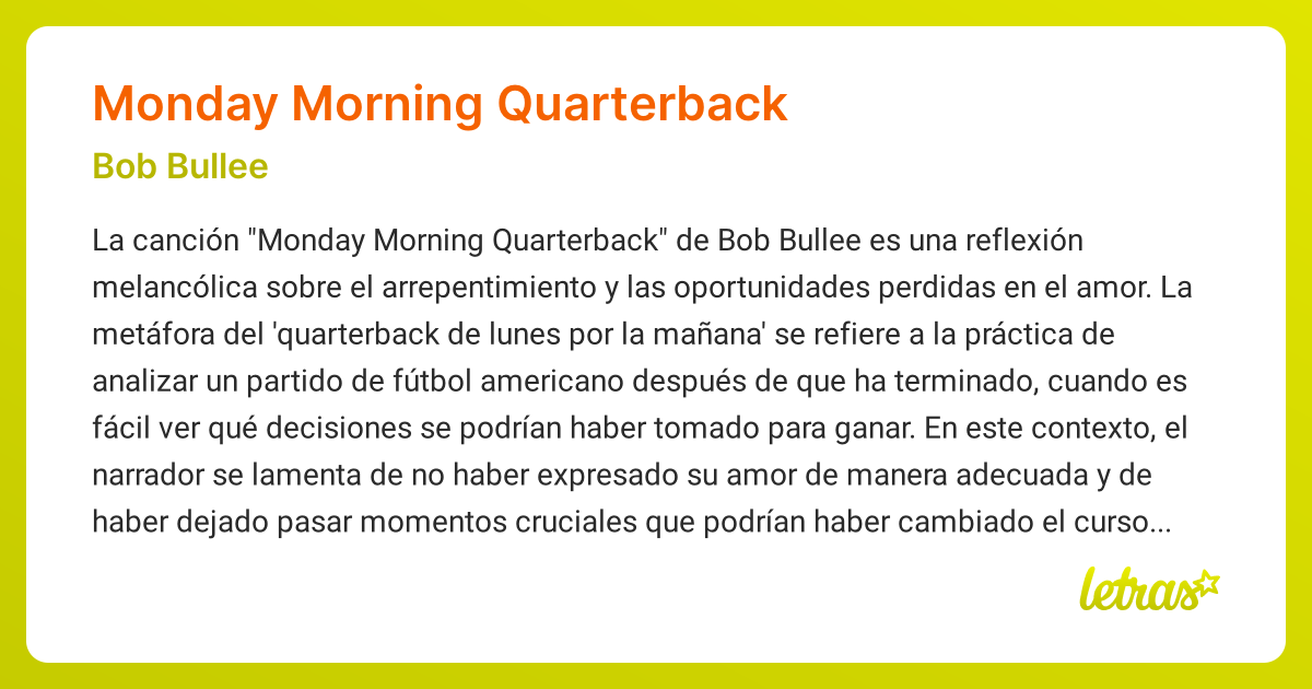 Significado de la canción MONDAY MORNING QUARTERBACK (Bob Bullee ...