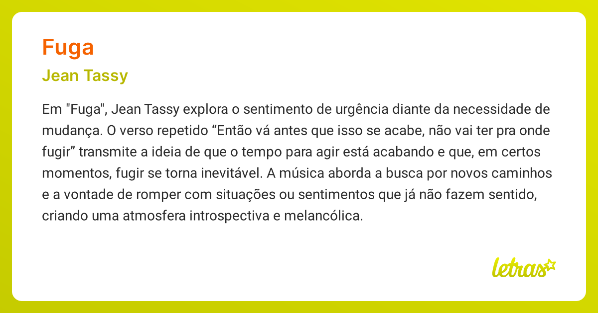 Significado da música FUGA (Jean Tassy) - LETRAS.MUS.BR