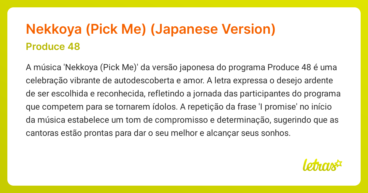 Significado da música Nekkoya (Pick Me) (Japanese Version) (Produce 48 ...
