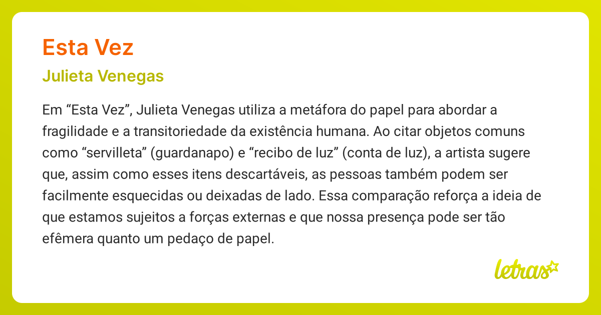 Significado da música ESTA VEZ (Julieta Venegas) - LETRAS.MUS.BR