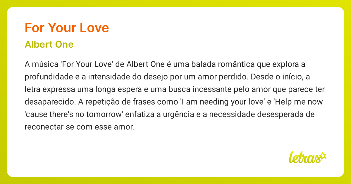 Significado da música FOR YOUR LOVE (Albert One) - LETRAS.MUS.BR