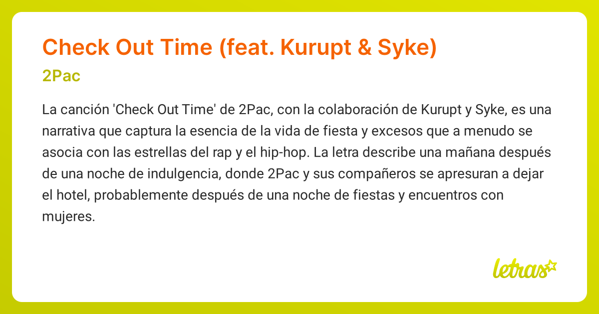Significado de la canción Check Out Time (feat. Kurupt & Syke) (2Pac ...