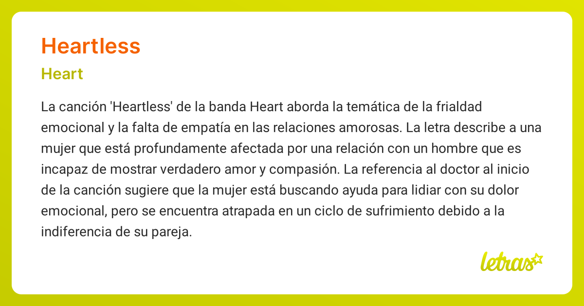 Significado de la canción HEARTLESS (Heart) - LETRAS.COM