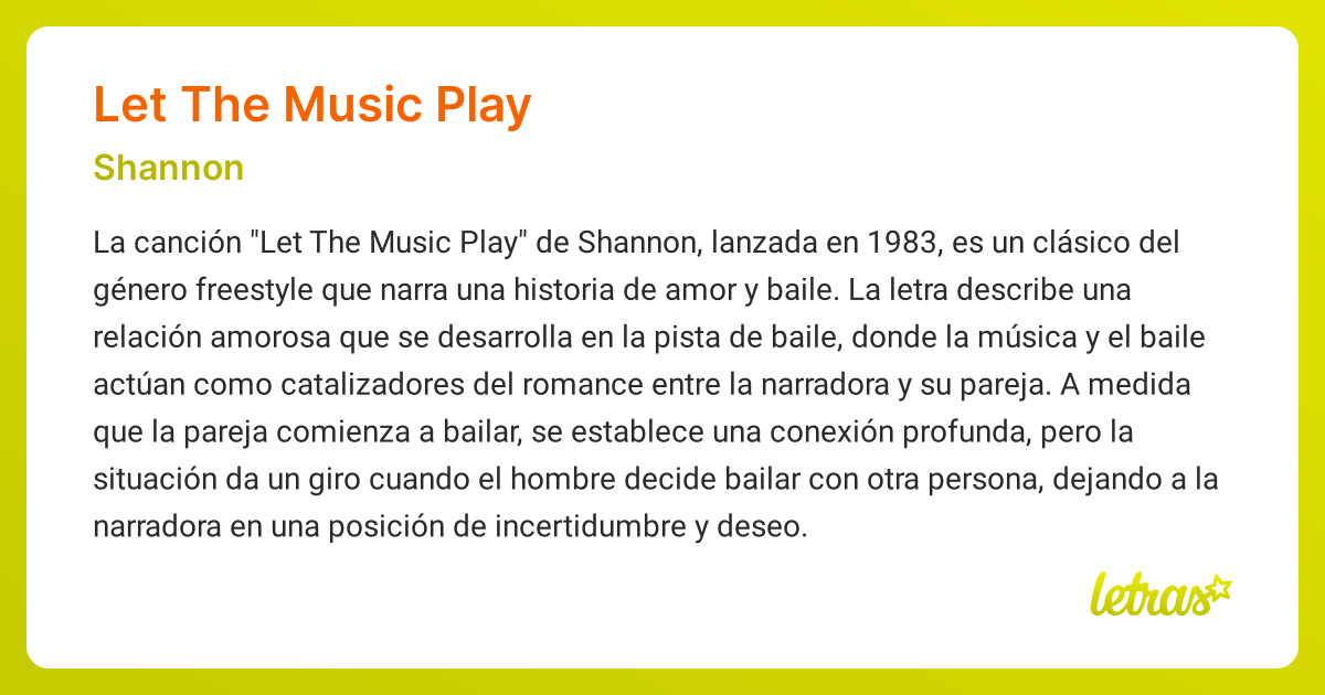 Significado de la canción LET THE MUSIC PLAY (Shannon) - LETRAS.COM