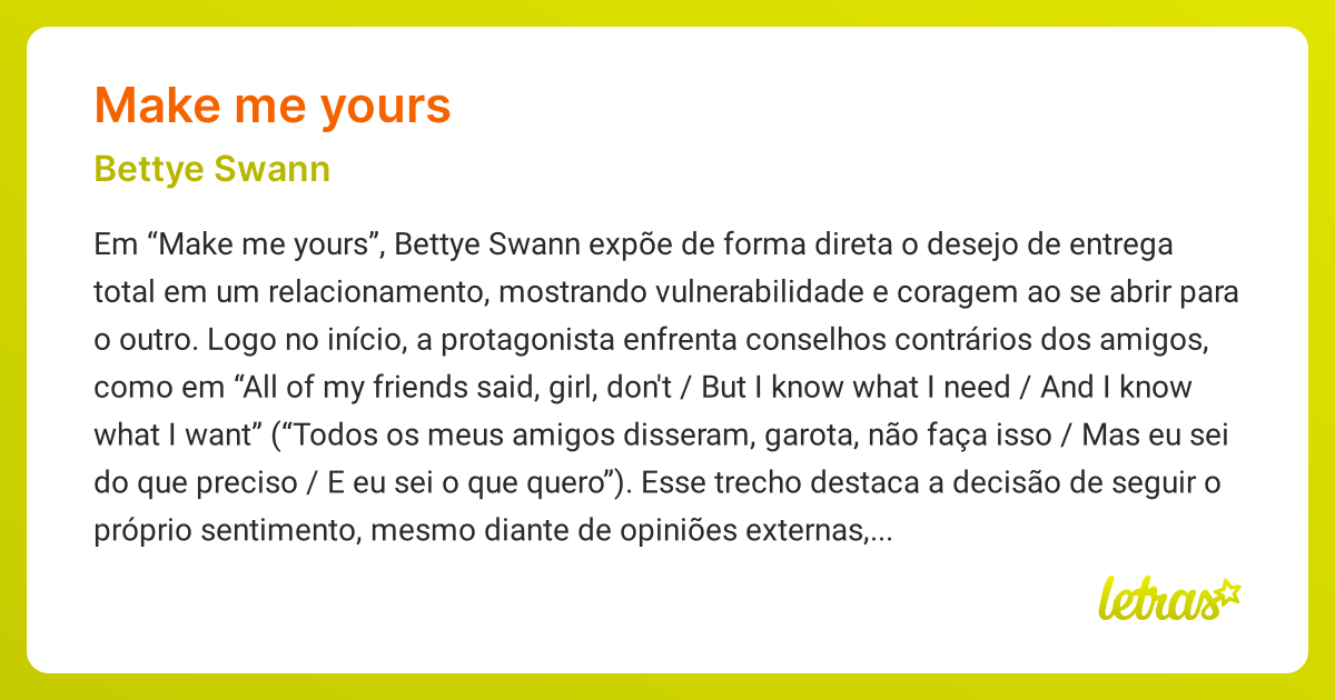 Significado da música MAKE ME YOURS (Bettye Swann) - LETRAS.MUS.BR