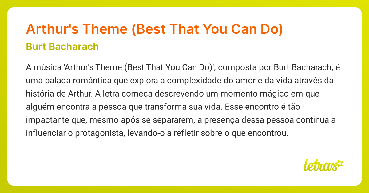 Significado da música Arthur's Theme (Best That You Can Do) (Burt ...