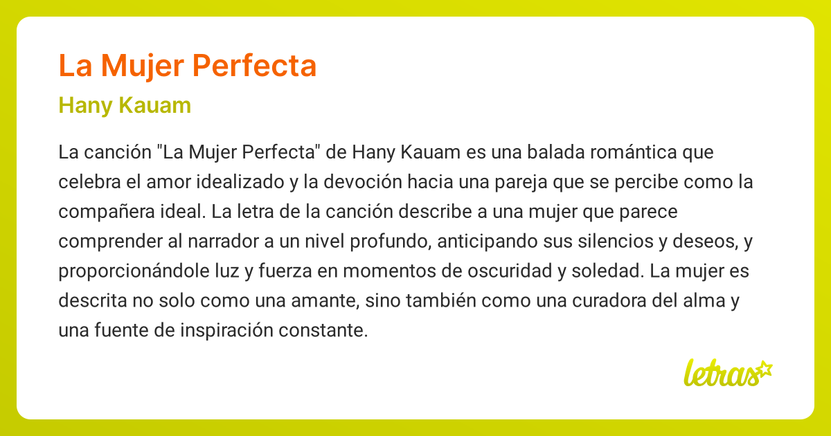 Significado de la canción LA MUJER PERFECTA (Hany Kauam) - LETRAS.COM