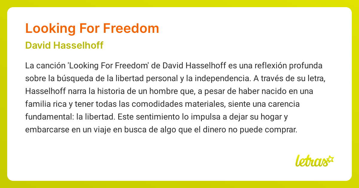 Significado de la canción LOOKING FOR FREEDOM (David Hasselhoff) - LETRAS.COM