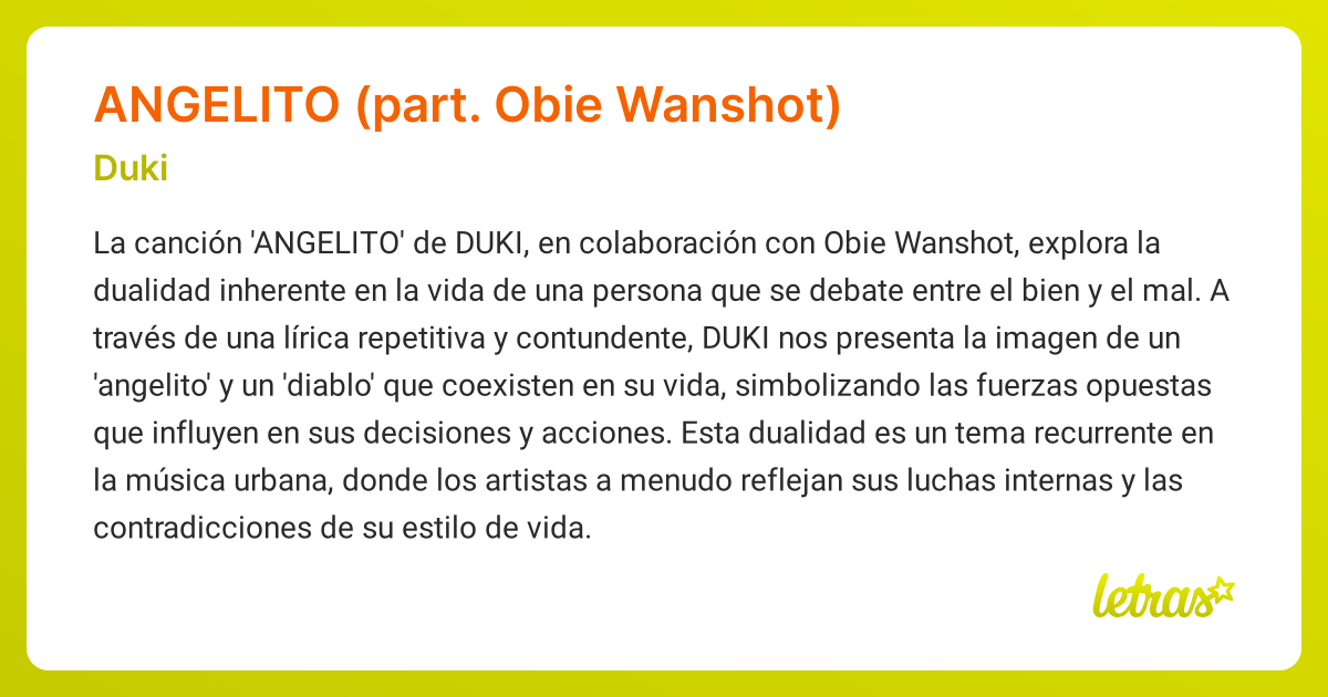 Significado de la canción ANGELITO (PART. OBIE WANSHOT) (Duki) - LETRAS.COM