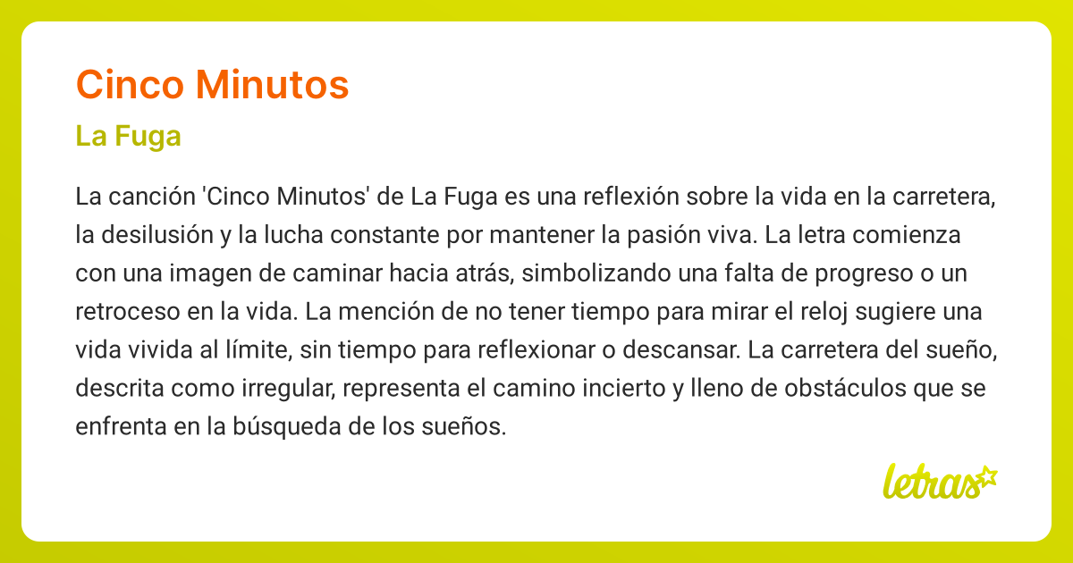 Significado de la canción CINCO MINUTOS (La Fuga) - LETRAS.COM