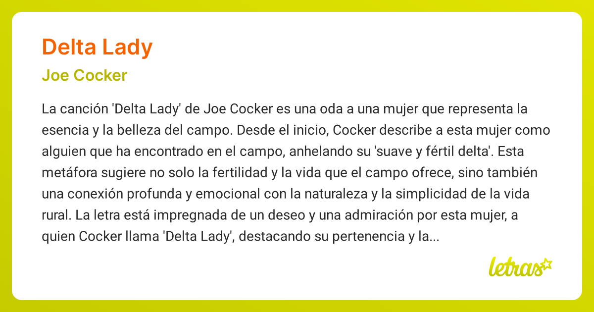 Significado de la canción DELTA LADY (Joe Cocker) - LETRAS.COM