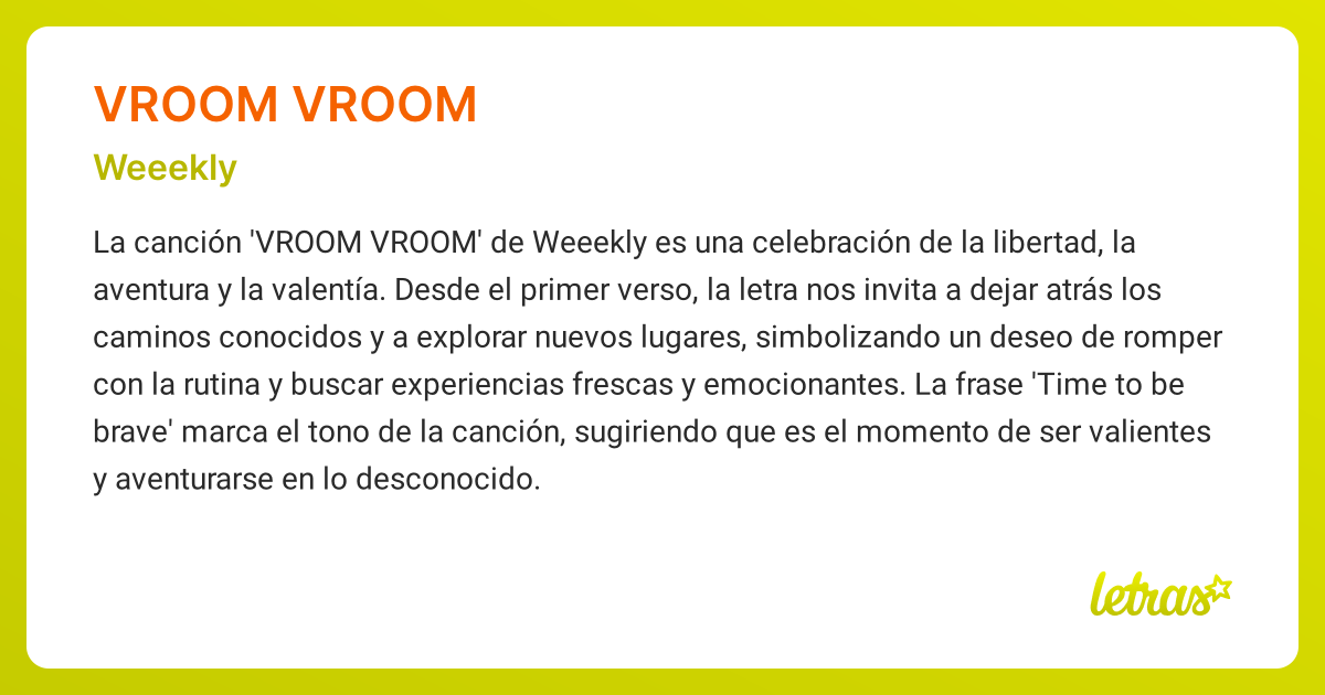 Significado de la canción VROOM VROOM (Weeekly) - LETRAS.COM