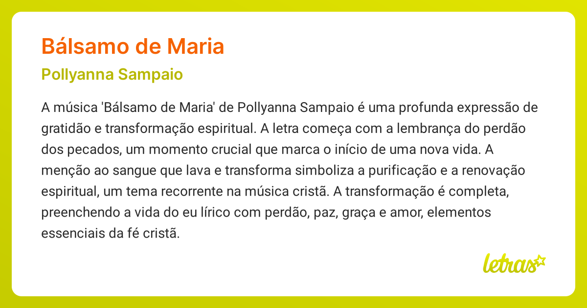 Significado da música BÁLSAMO DE MARIA (Pollyanna Sampaio) - LETRAS.MUS.BR