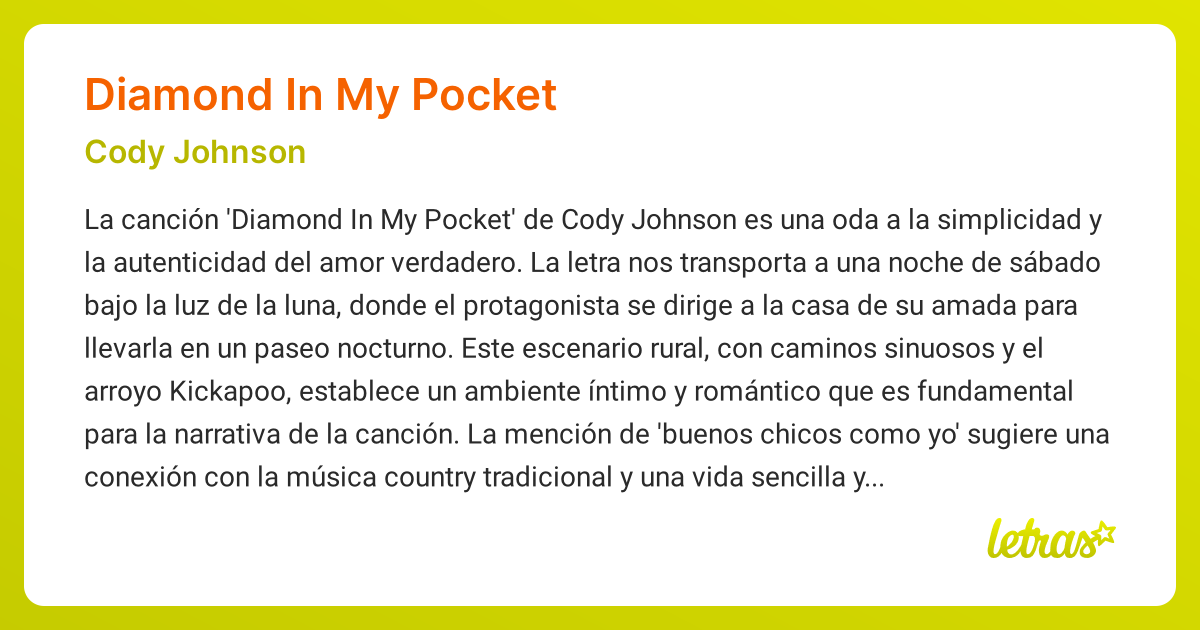 Significado de la canción DIAMOND IN MY POCKET (Cody Johnson) - LETRAS.COM