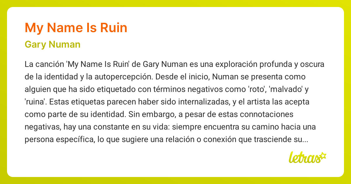 Significado de la canción MY NAME IS RUIN (Gary Numan) - LETRAS.COM