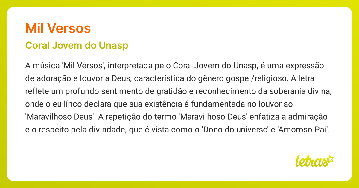 Significado da música MIL VERSOS (Coral Jovem do Unasp) - LETRAS.MUS.BR
