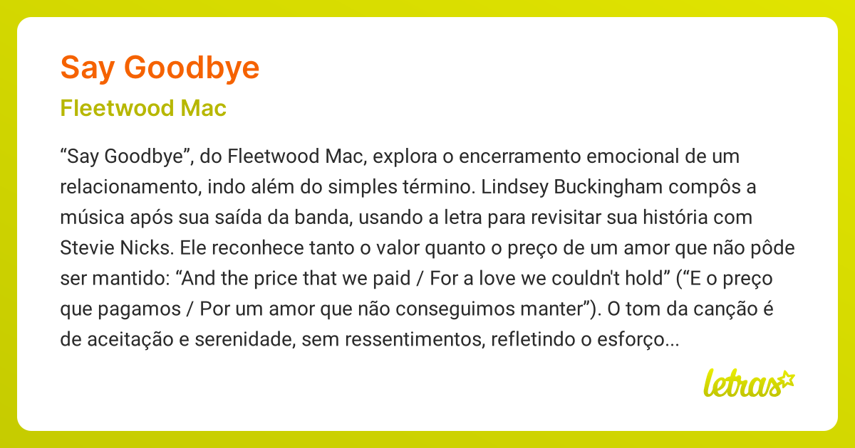 Significado da música SAY GOODBYE (Fleetwood Mac) - LETRAS.MUS.BR
