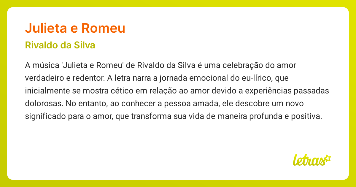Significado da música JULIETA E ROMEU (Rivaldo da Silva) - LETRAS.MUS.BR