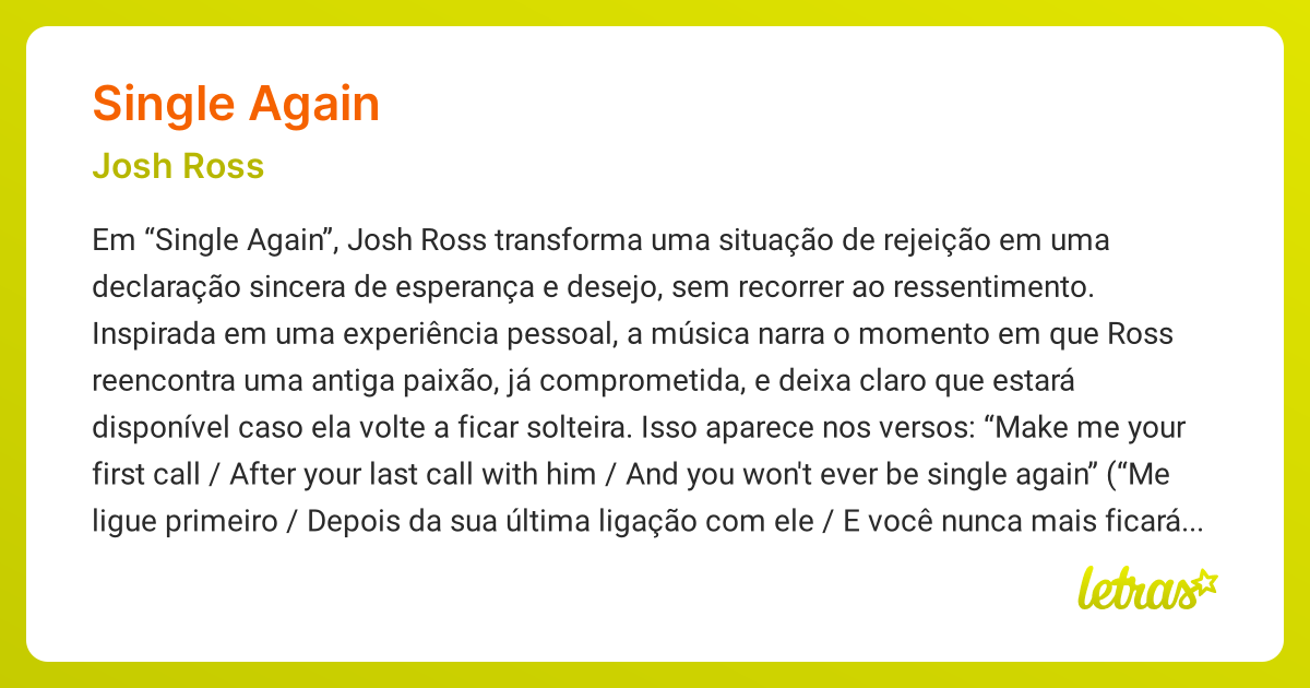 Significado da música SINGLE AGAIN (Josh Ross) - LETRAS.MUS.BR