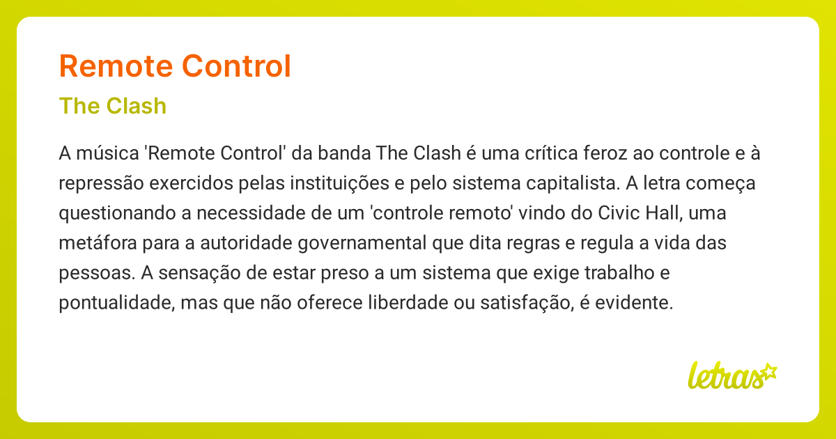 Significado da música REMOTE CONTROL (The Clash) - LETRAS.MUS.BR