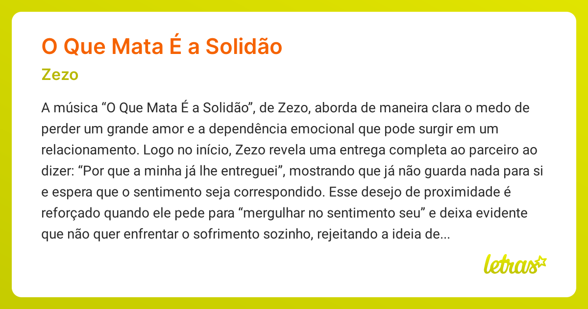 Significado da música O QUE MATA É A SOLIDÃO (Zezo) - LETRAS.MUS.BR