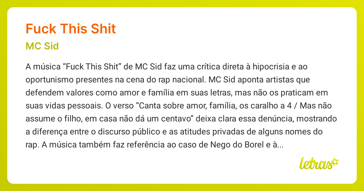 Significado da música FUCK THIS SHIT (MC Sid) - LETRAS.MUS.BR