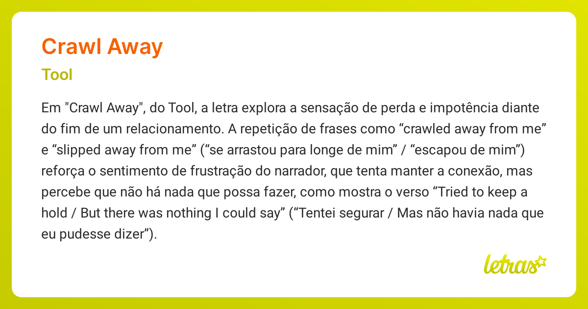 Significado da música CRAWL AWAY (Tool) - LETRAS.MUS.BR