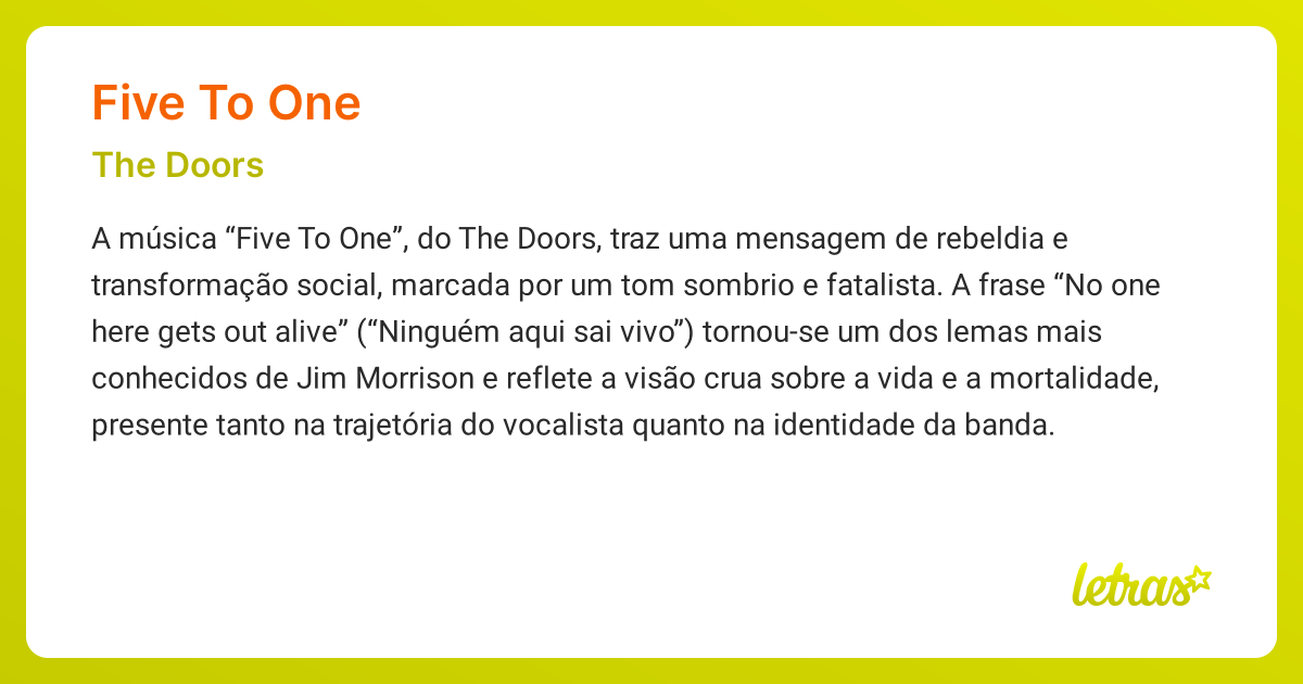 Significado da música FIVE TO ONE (The Doors) - LETRAS.MUS.BR