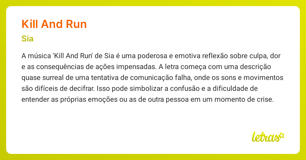 Significado da música KILL AND RUN (Sia) - LETRAS.MUS.BR