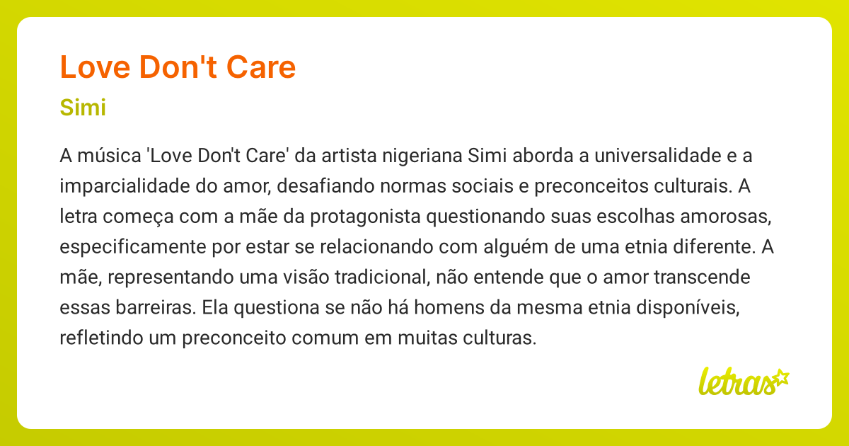 Significado da música LOVE DON'T CARE (Simi) - LETRAS.MUS.BR