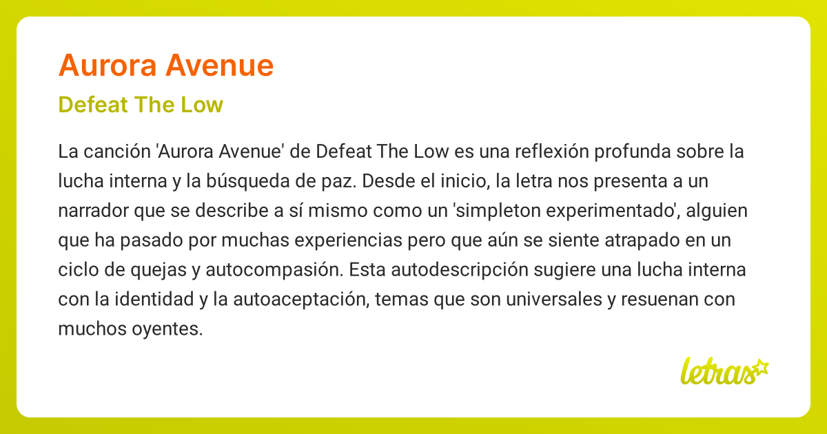 Significado de la canción AURORA AVENUE (Defeat The Low) - LETRAS.COM