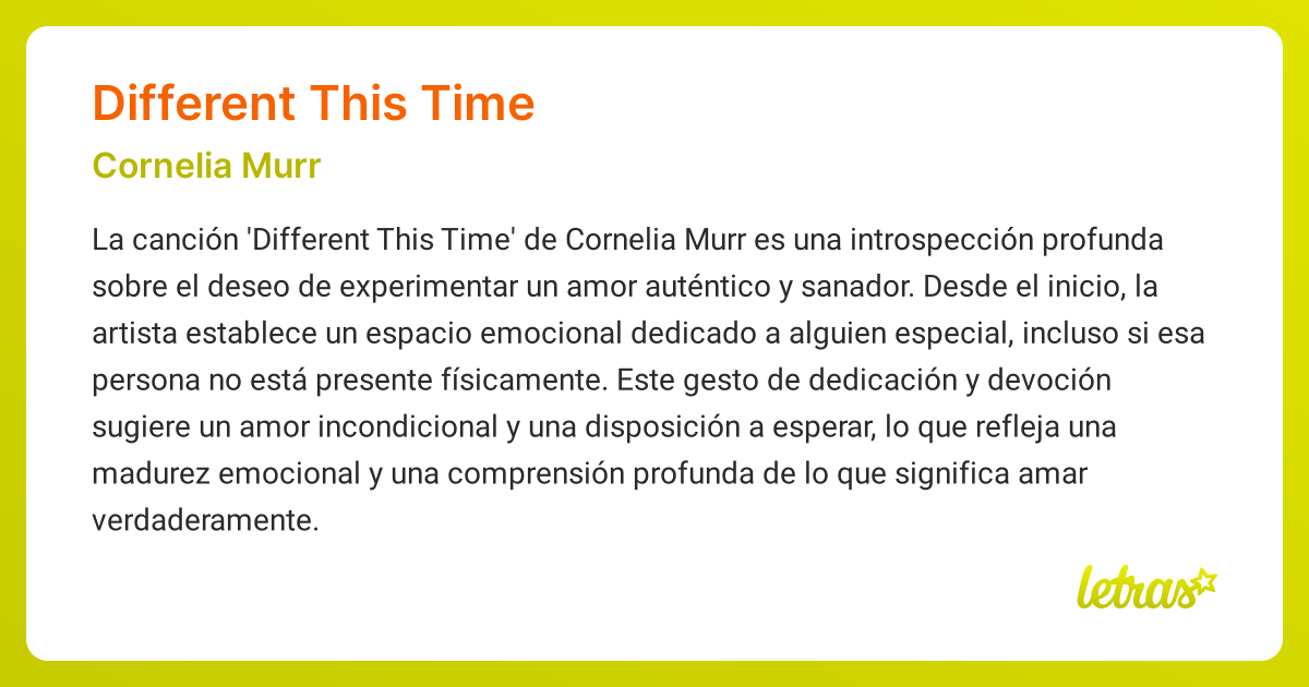 Significado de la canción DIFFERENT THIS TIME (Cornelia Murr) - LETRAS.COM