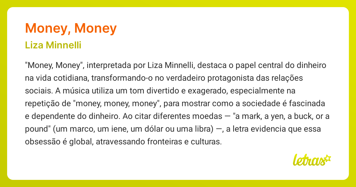 Significado da música MONEY, MONEY (Liza Minnelli) - LETRAS.MUS.BR
