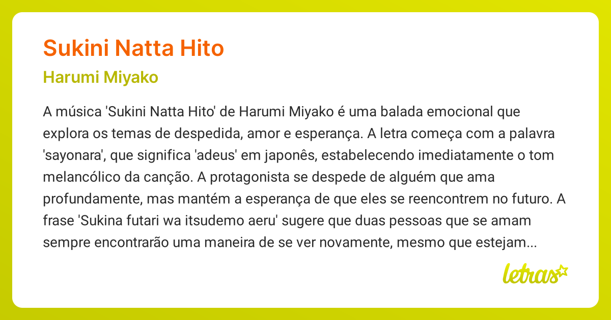 Significado da música SUKINI NATTA HITO (Harumi Miyako) - LETRAS.MUS.BR