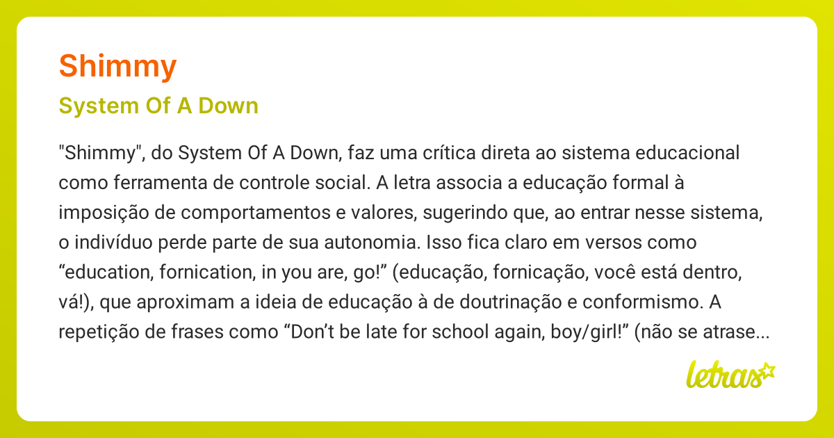 Significado da música SHIMMY (System Of A Down) - LETRAS.MUS.BR
