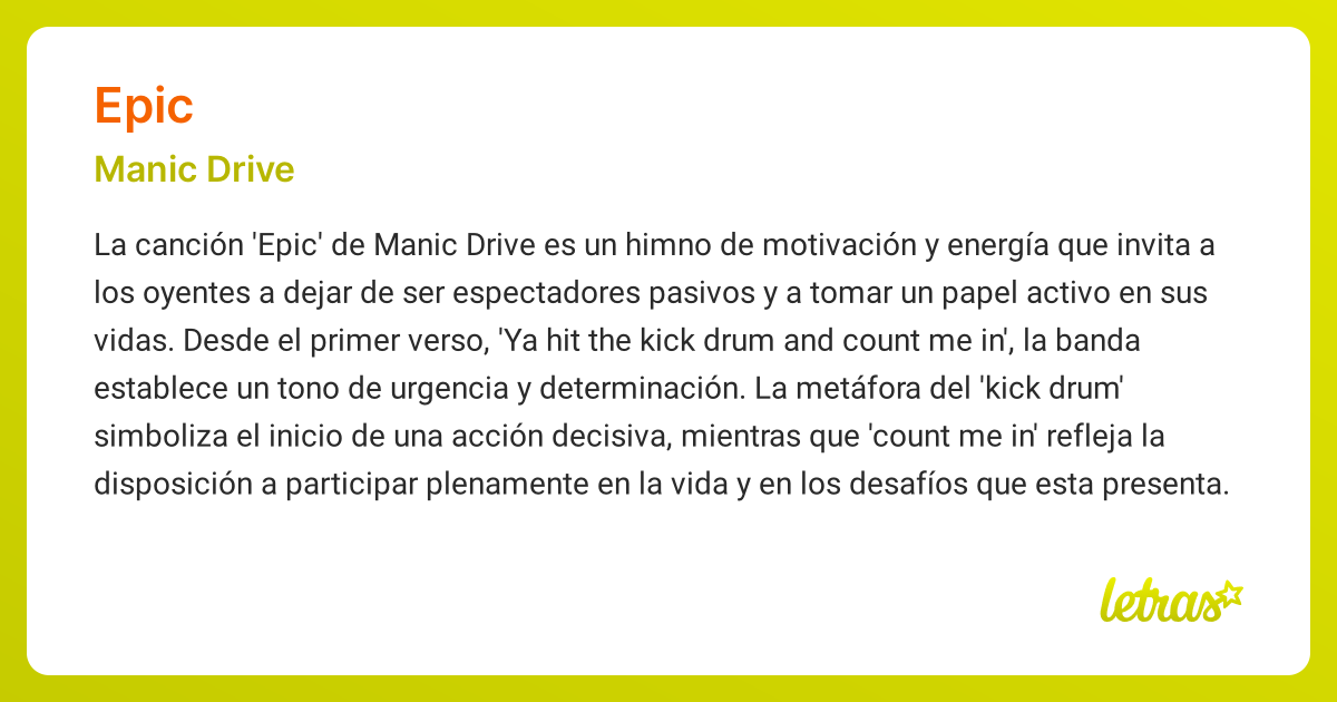 Significado de la canción EPIC (Manic Drive) - LETRAS.COM