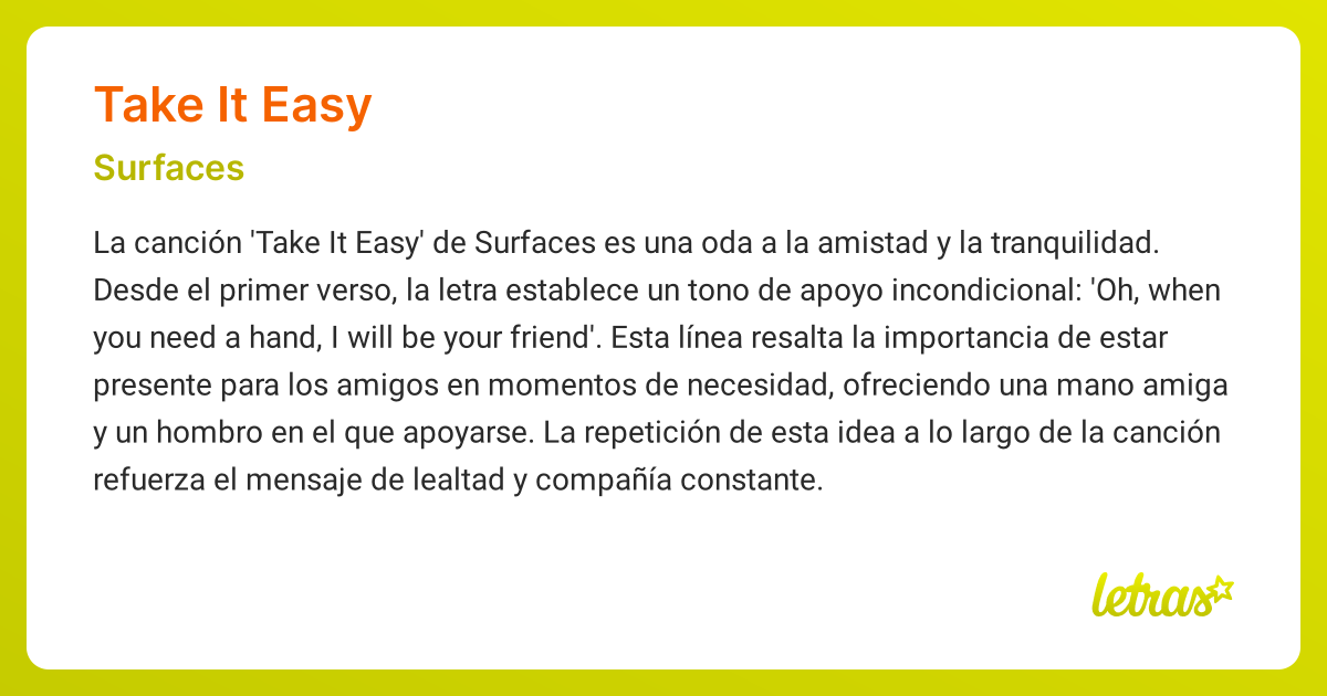 Significado de la canción TAKE IT EASY (Surfaces) - LETRAS.COM