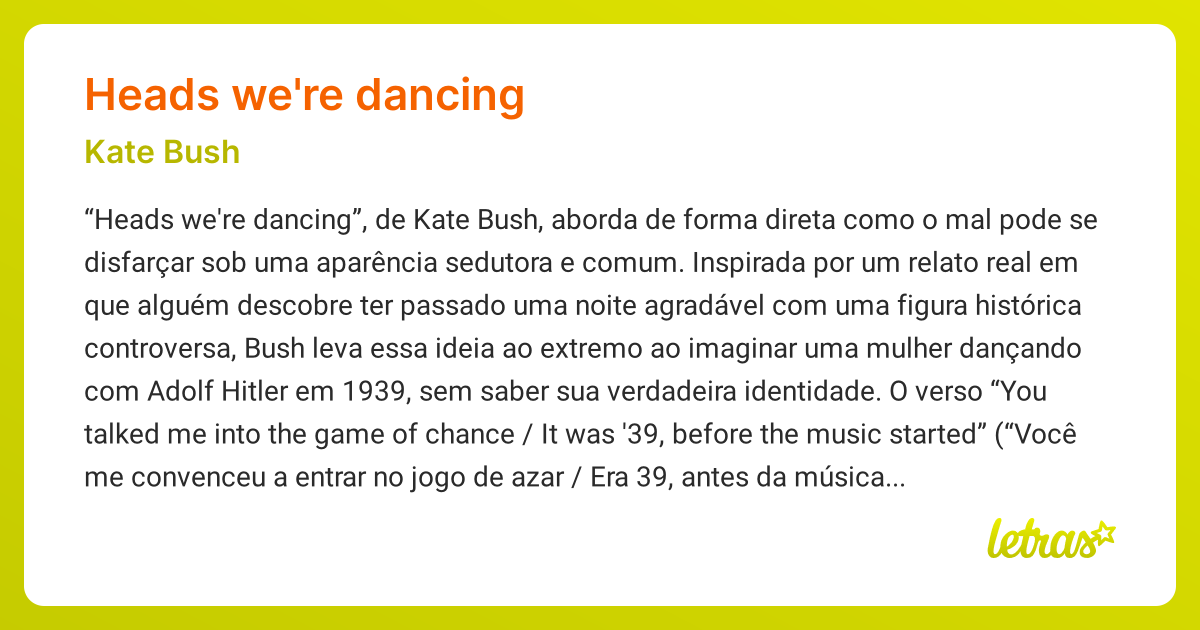Significado da música HEADS WE'RE DANCING (Kate Bush) - LETRAS.MUS.BR