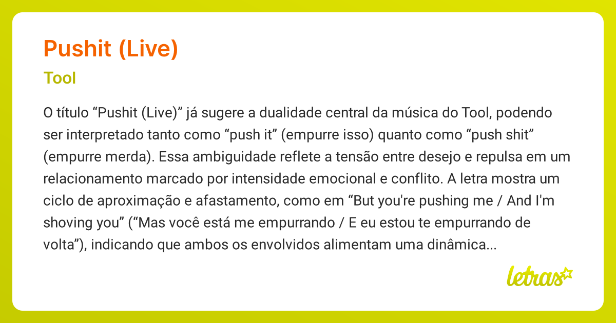 Significado da música PUSHIT (LIVE) (Tool) - LETRAS.MUS.BR