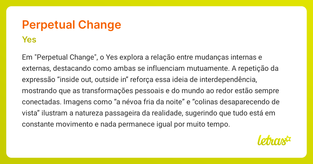 Significado da música PERPETUAL CHANGE (Yes) - LETRAS.MUS.BR