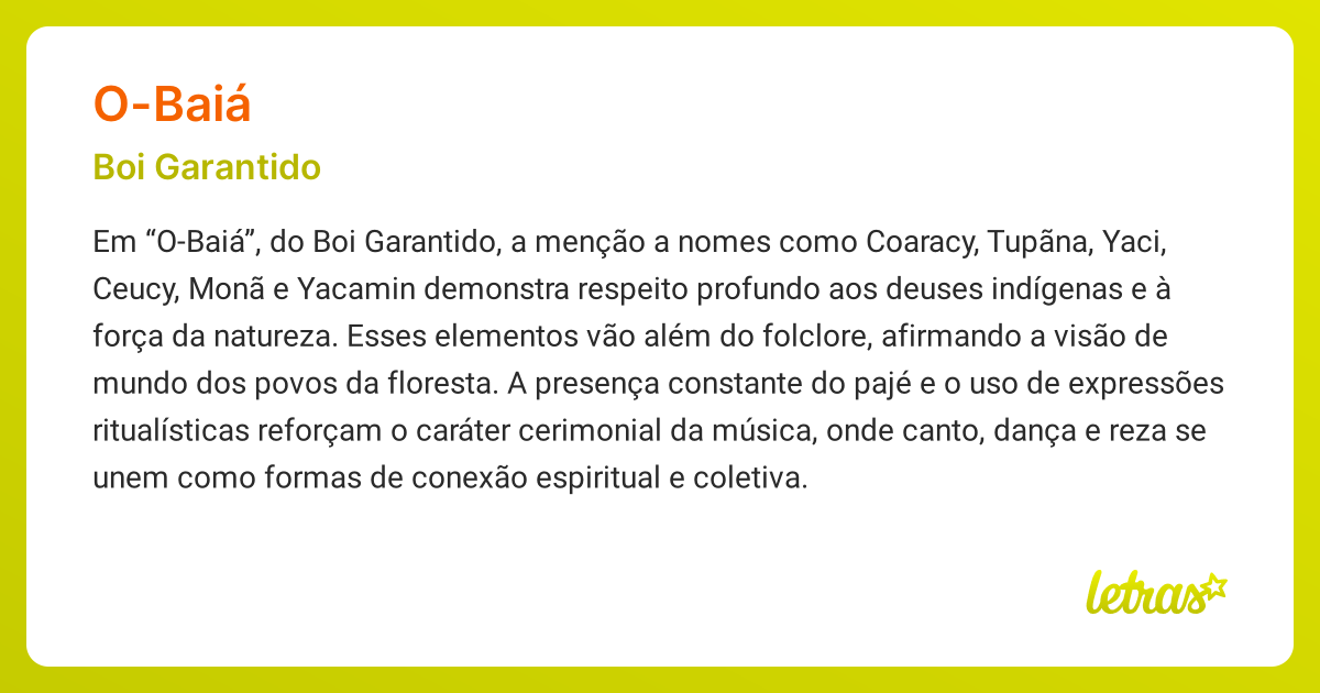 Significado da música O-BAIÁ (Boi Garantido) - LETRAS.MUS.BR